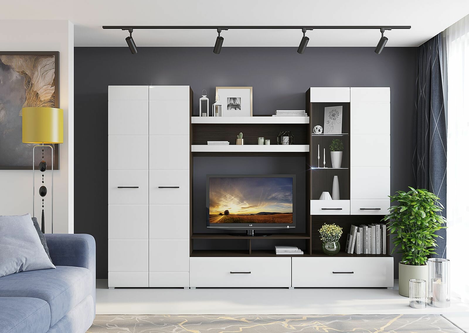 Гостиная Ненси 1, цвет Венге/Белый глянец ширина 280 см стенка для тв зоны, со шкафом и полками, под телевизор