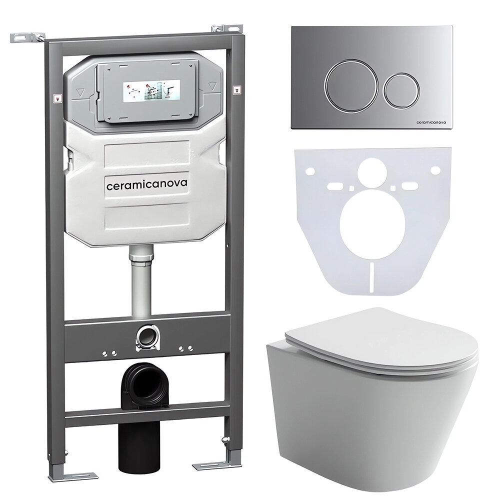 Комплект инсталляции 4 в 1 Ceramicanova (Керамиканова) Подвесной унитаз Balearica Rimless арт. CN6000 + Шумоизоляционная панель для инсталляции арт. CN1000 + Система инсталляции для унитазов CERAMICANOVA Envision с кнопкой смыва Round цвет хром матовый и