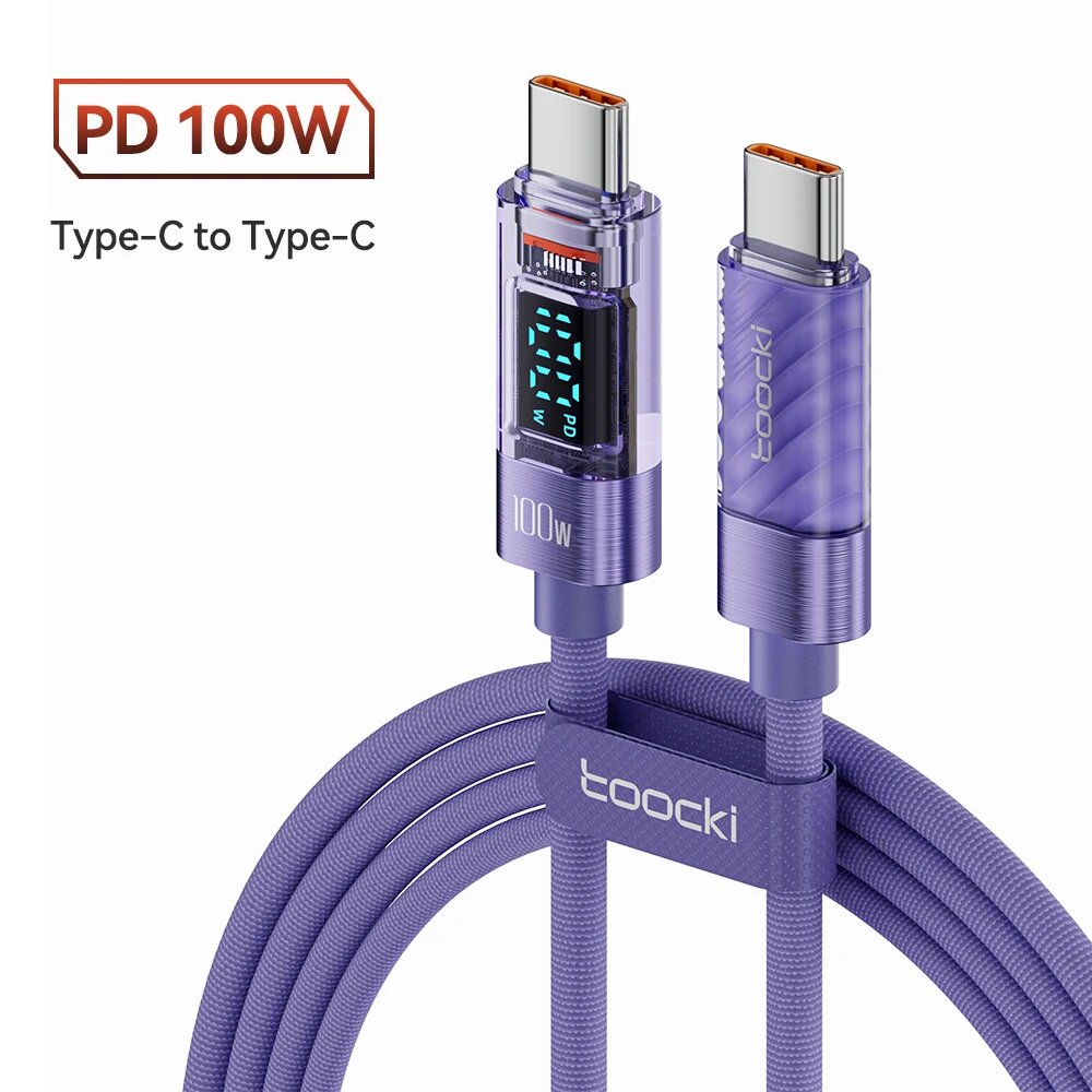 Кабель Toocki 100W PD Для Быстрой Зарядки USB-C На Type-C С LED-дисплеем Для 2m, 100W Purple