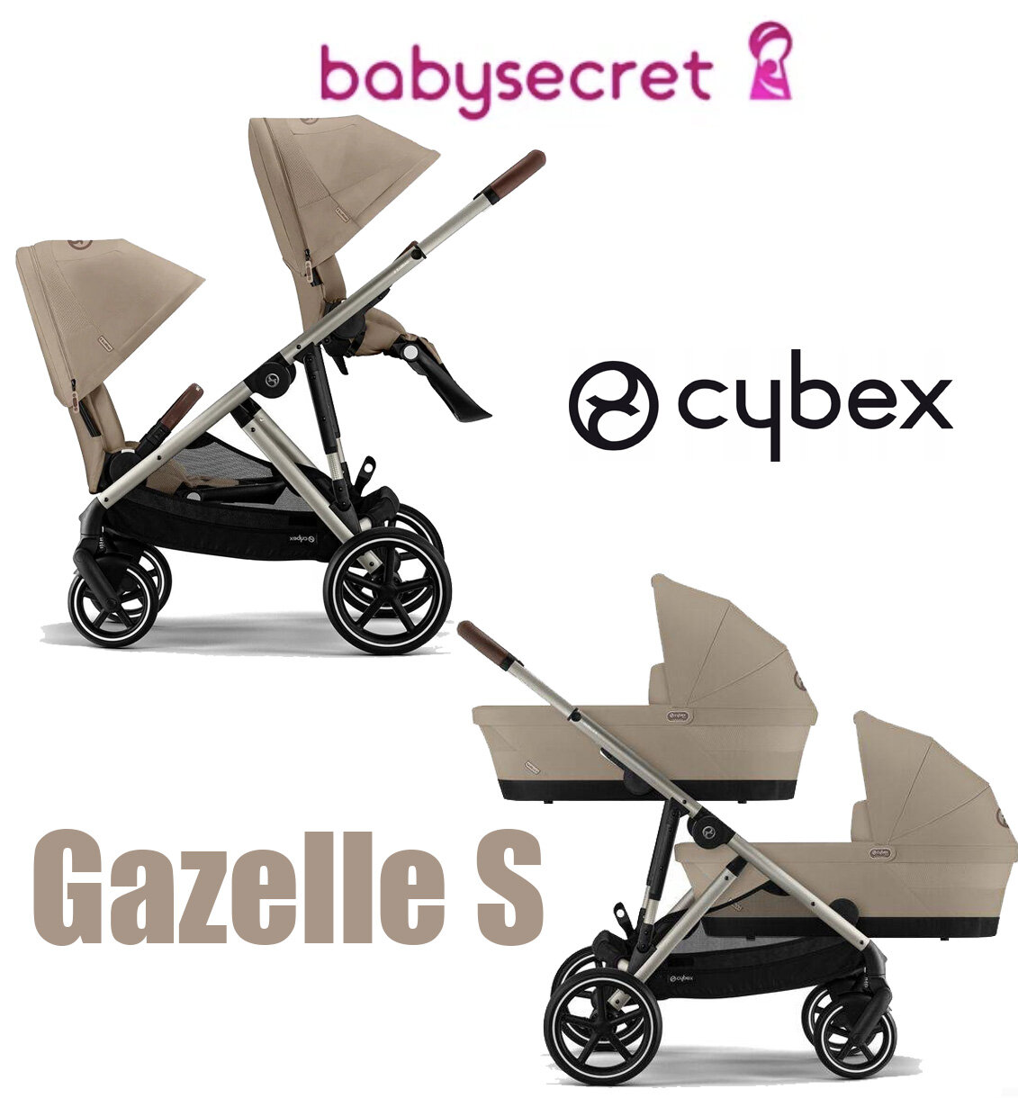 Коляска для двойни Cybex Gazelle S (прог. блок 2 шт, люльки 2 шт.) almond beige