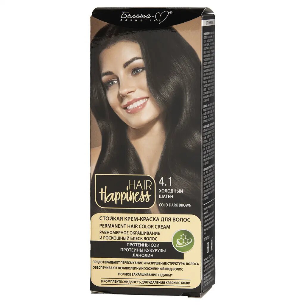 Крем-краска Белита-М Hair Happiness стойкая для волос аммиачная, тон 4.1 Холодный шатен