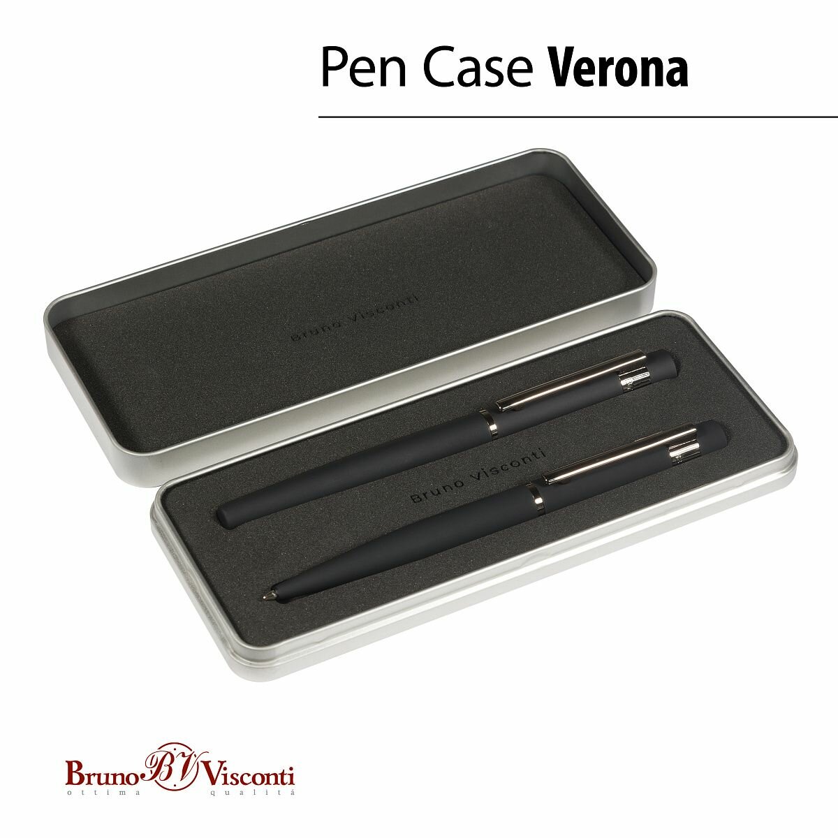 Набор Bruno Visconti "VERONA" ручка шариковая 1мм и ручка роллер 1мм, цвет корпуса черный, в серебряном футляре