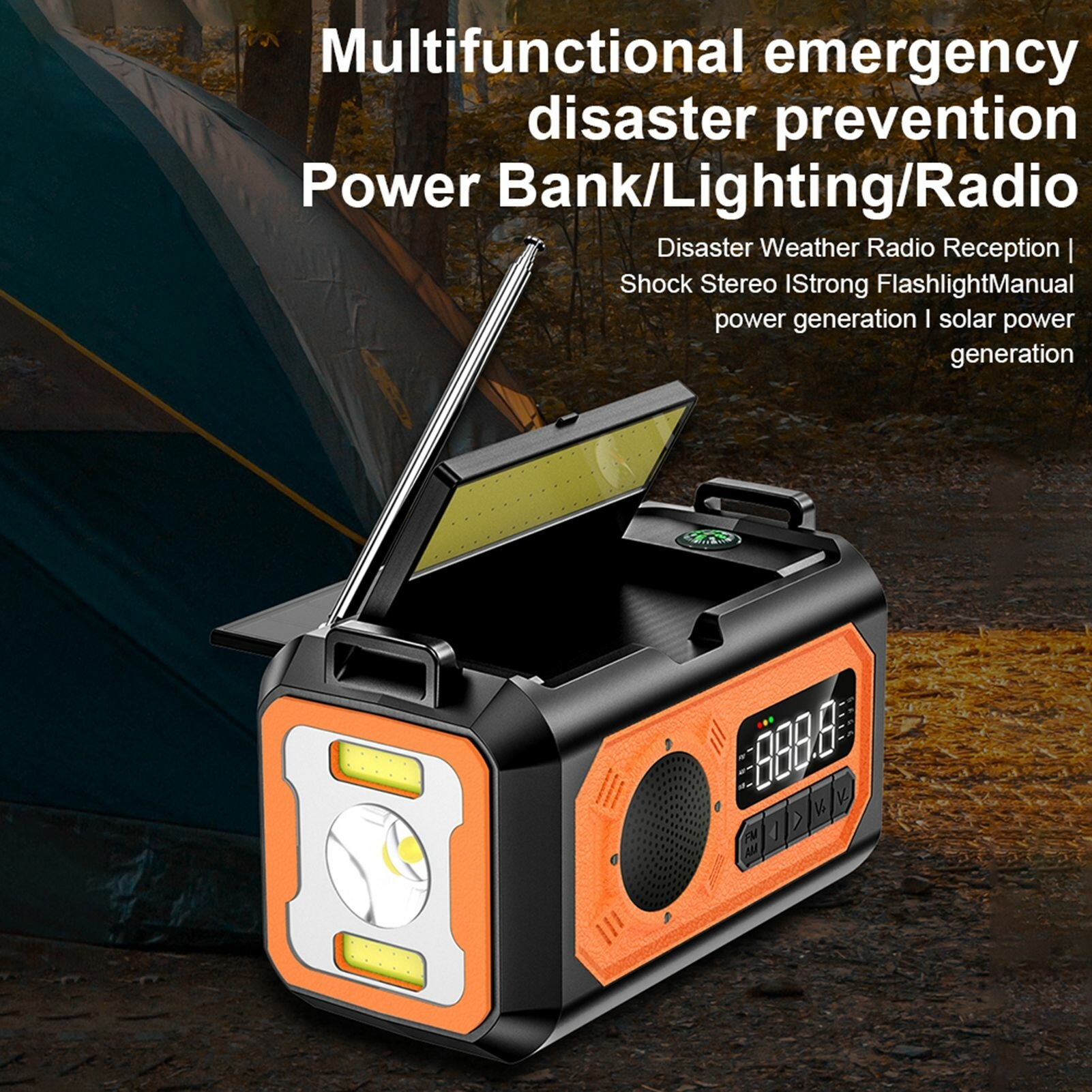 Радио для экстренных ситуаций с ручным зарядом и оповещением NOAA, 12000мАч, солнечное питание, радиоприемник AM/FM/WB, фонарик, зарядка для телефона