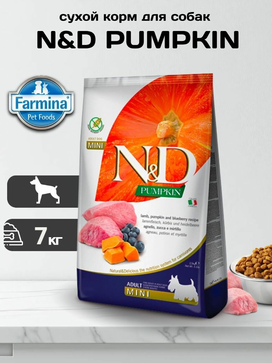 Сухой корм для собак мелких пород Farmina Фармина N&D Pumpkin GF Adult Mini (Тыква, ягненок, черника) - 7 кг