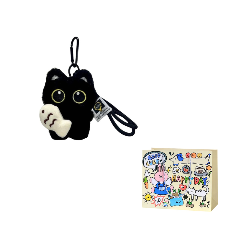Плюшевый брелок унисекс BOBIXIONG Милый черный кот, высота 10 см, Hold Fish Small Black Cat-Lanyard Style