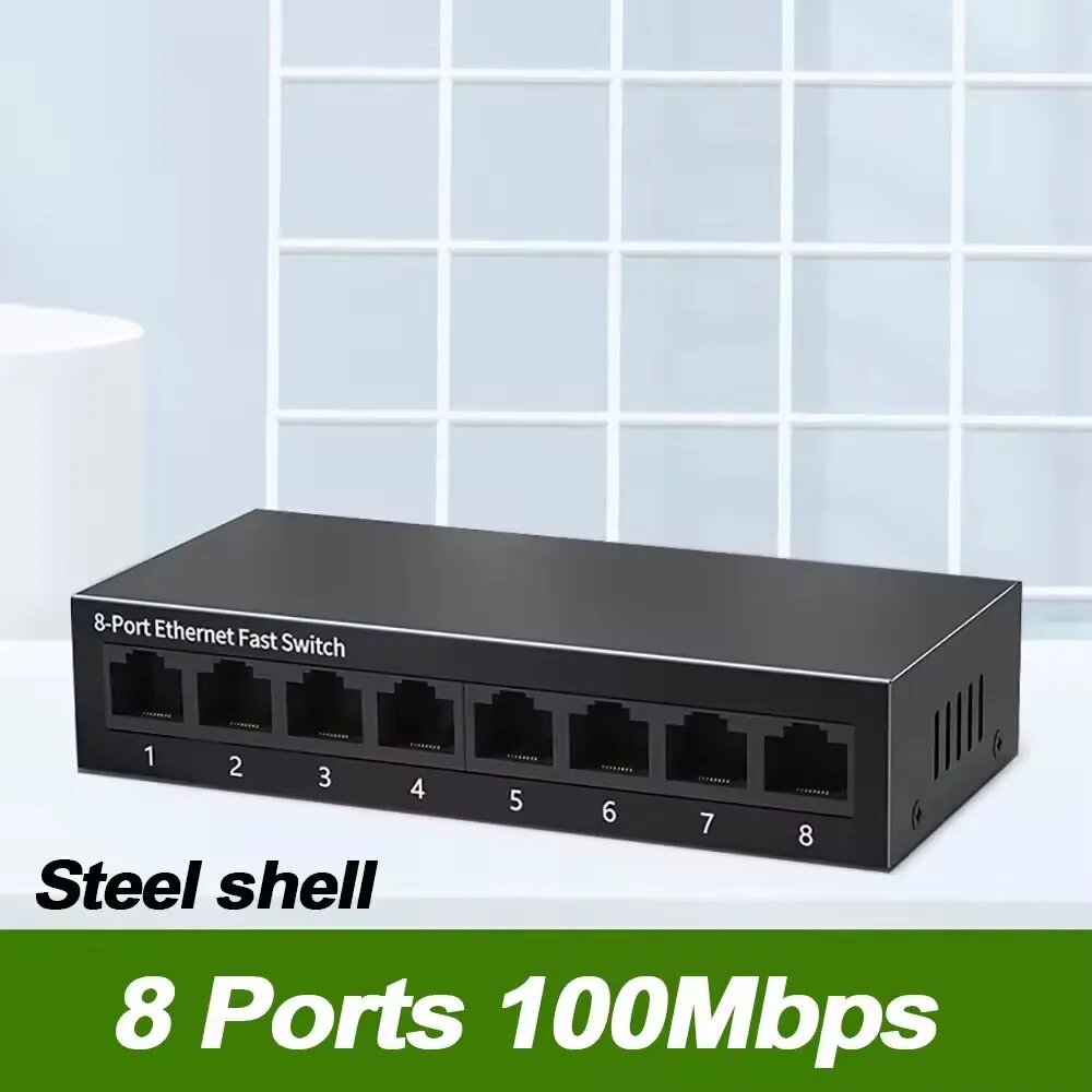 8-портовый сетевой коммутатор EU PLUG 10/100 Мбит/с Мини Ethernet Быстрый сетевой коммутатор Сплиттер для домашнего офиса