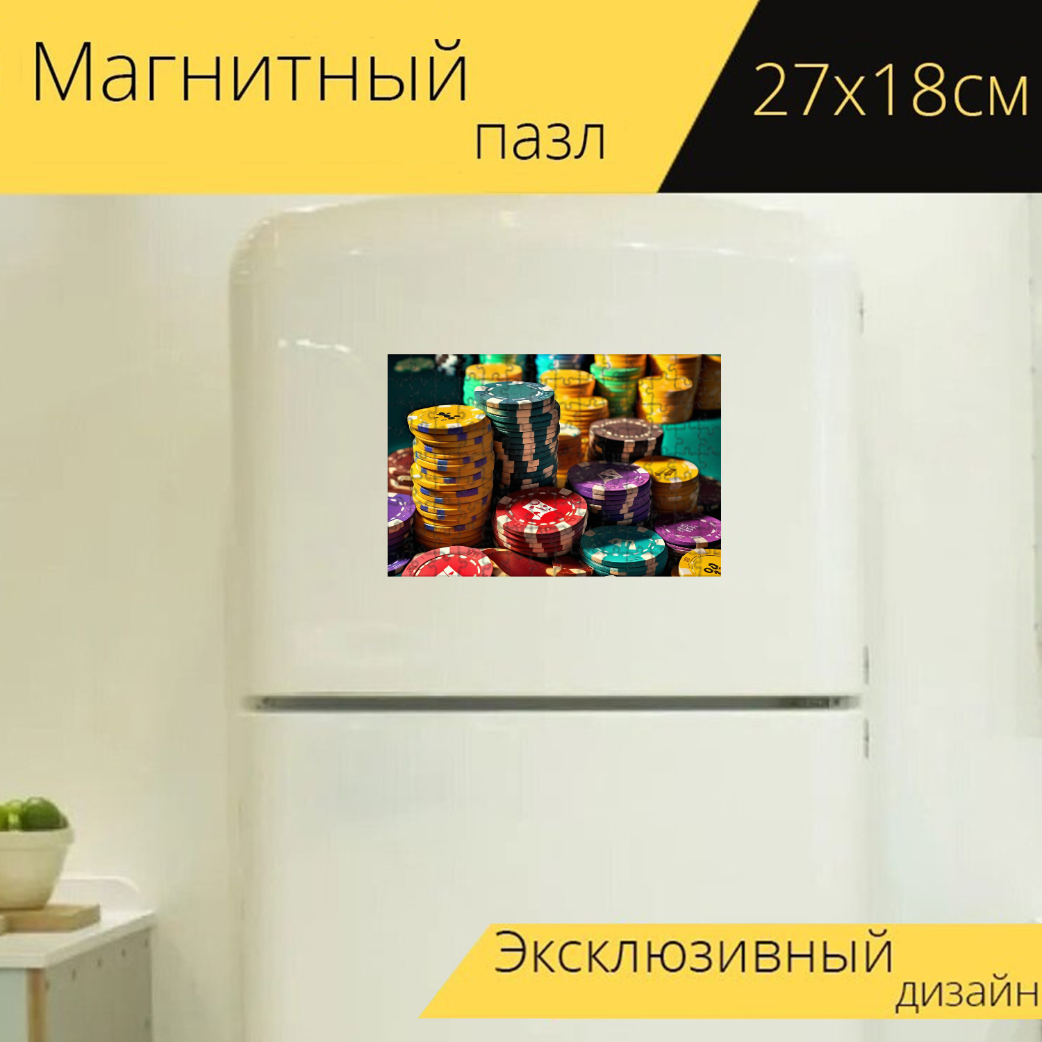 Магнитный пазл "Фишки, деньги, ставка азарт джекпот" на холодильник 27 x 18 см.