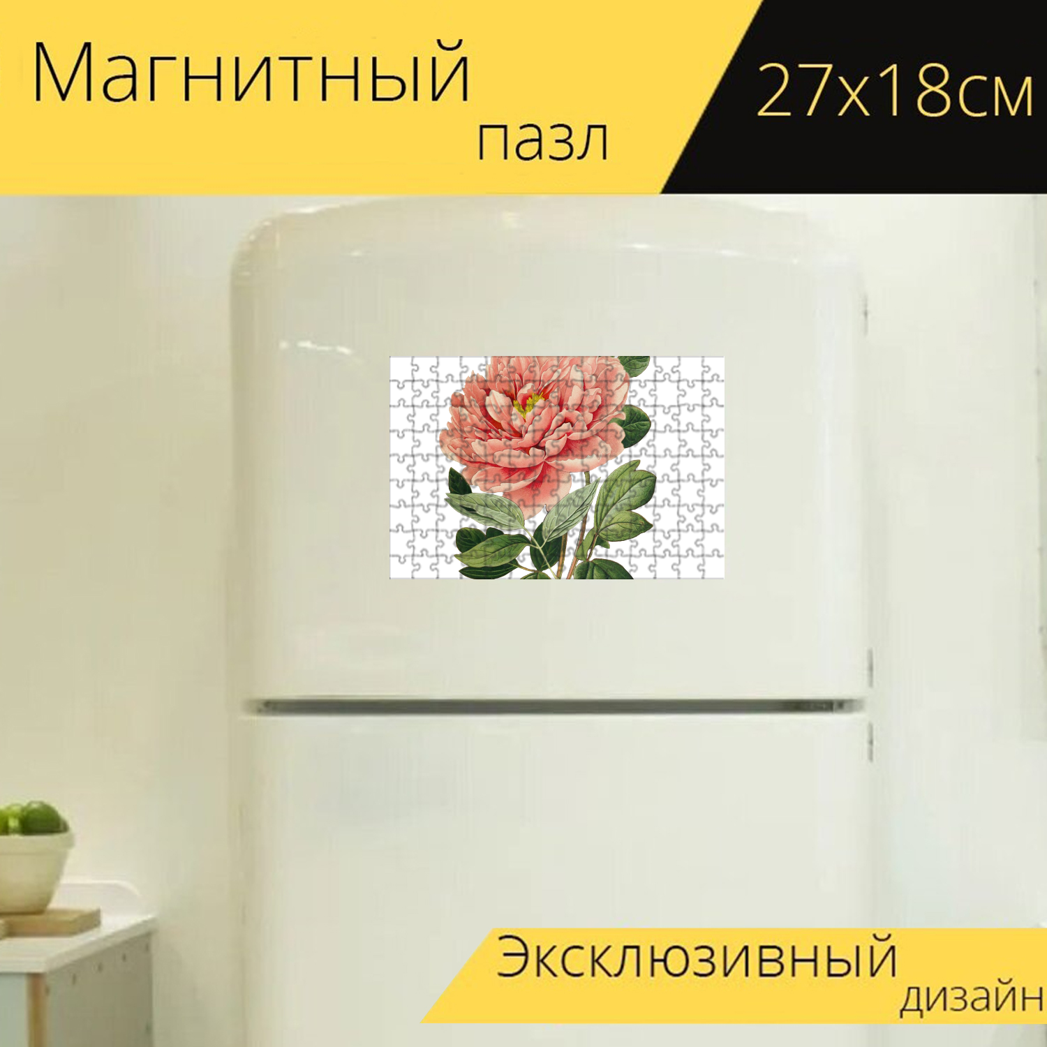 Магнитный пазл "Клипарт Винтажный цветочный пион Винтажный цветочный пион клипарт, вырезанный с прозрачным фоном png наклейки марочный цветочный розовый." на холодильник 27 x 18 см.