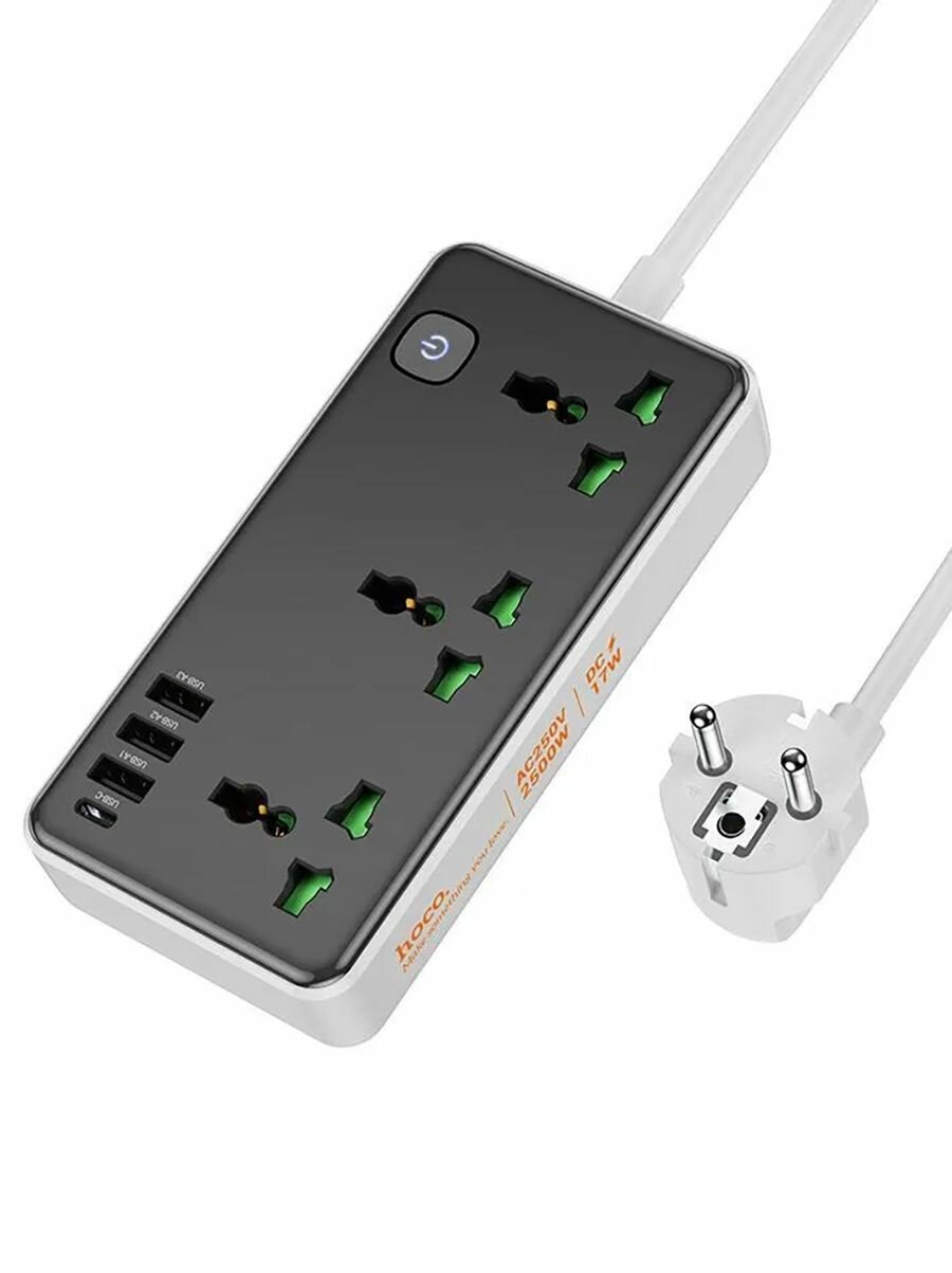 Сетевой фильтр Hoco AC7A, 1.5 м, 17W, 3*USB-A, 1*USB-C, 3*розетки 220V (2500W), черный / удлинитель с Type-C портом