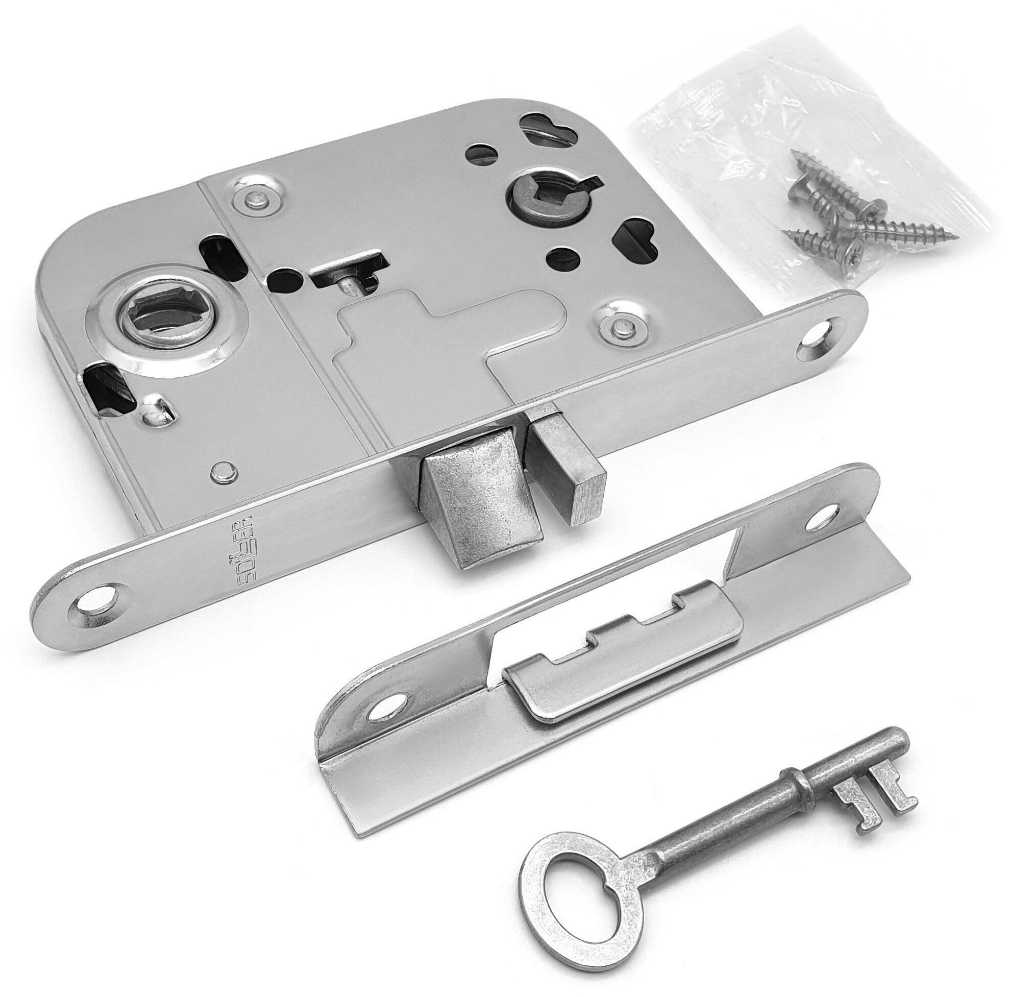 Замок врезной SOLLER 72мм 8мм хром ключ/флажок с ответной планкой