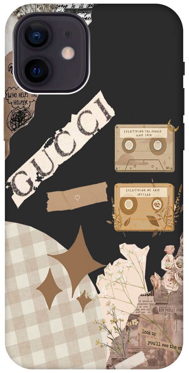 Силиконовый чехол на Apple iPhone 12 / 12 Pro / Эпл Айфон 12 / 12 Про с рисунком "GUCCI Stickers" Soft Touch черный