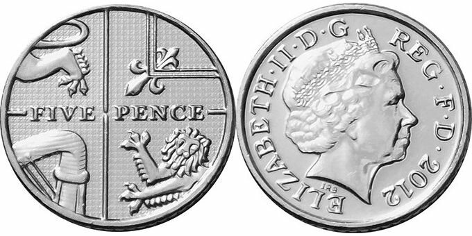 Великобритания 5 пенсов, 2011-2015 Елизавета II XF