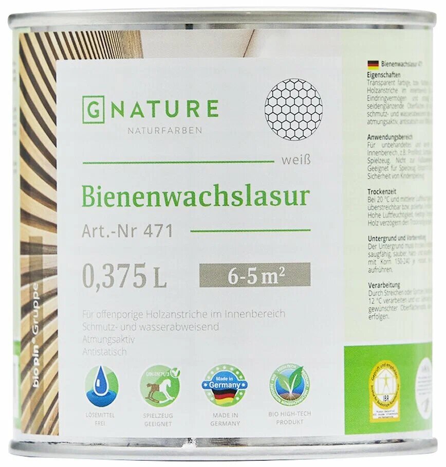 Лазурь Gnature 471 Bienenwachslasur с пчелиным воском для деревянных стен и потолков, белый 0,375л