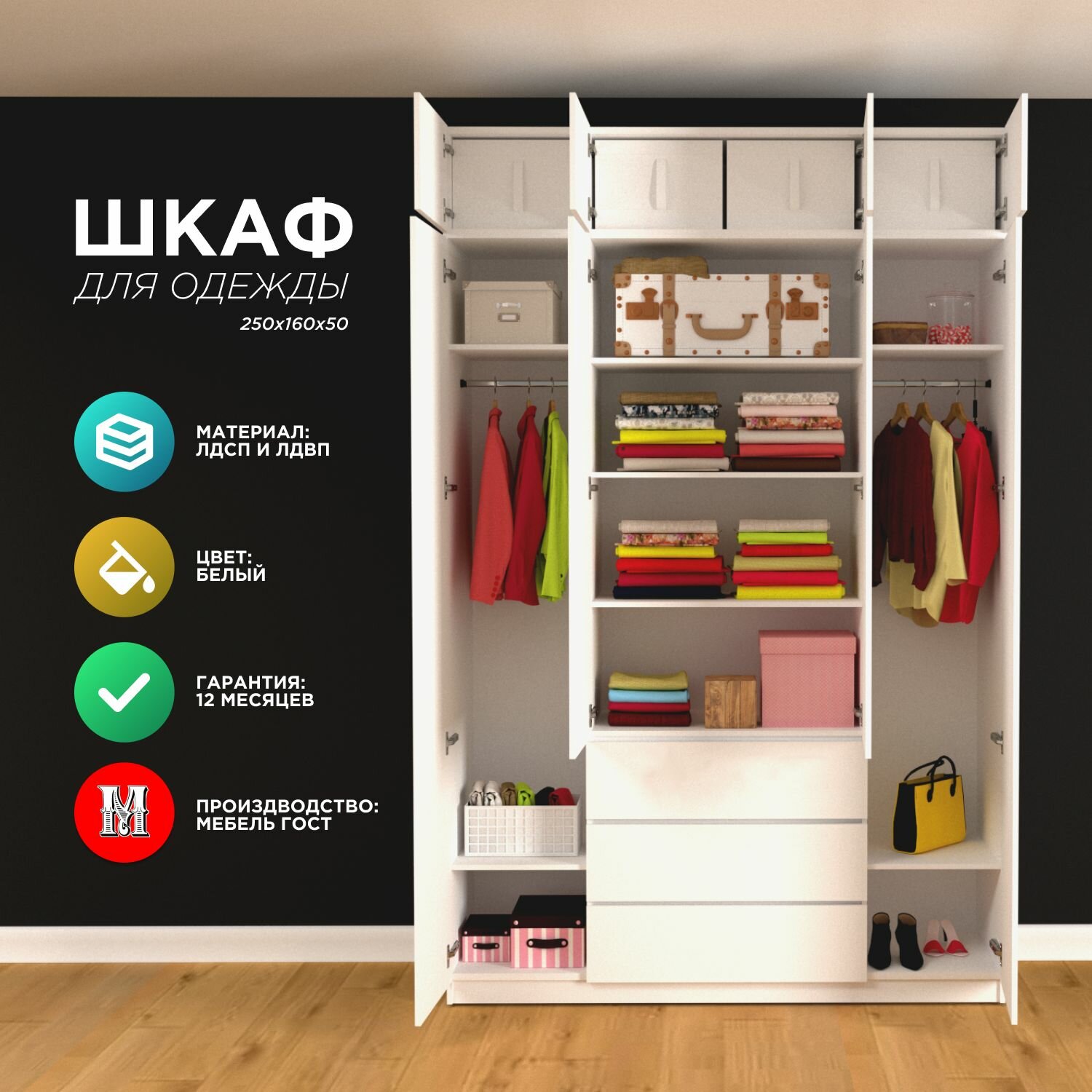 Шкаф для одежды Мебель ГОСТ, ШхГхВ, 160 см x 50 см x 250 см