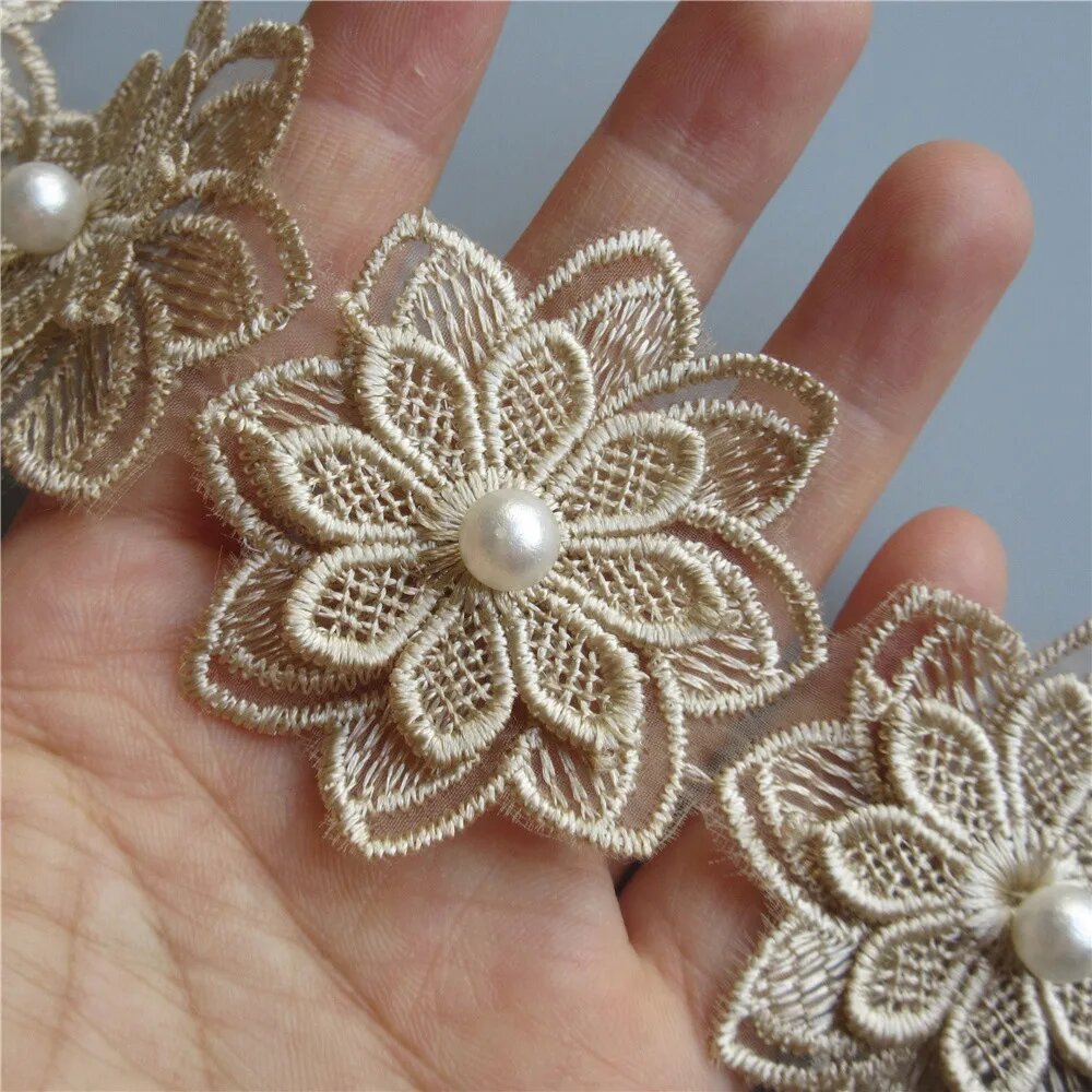 20X Золотой полиэстер жемчужный цветок вышитая кружевная отделка Лента ткань лоскутное шитье ручной работы для украшения платья костюма