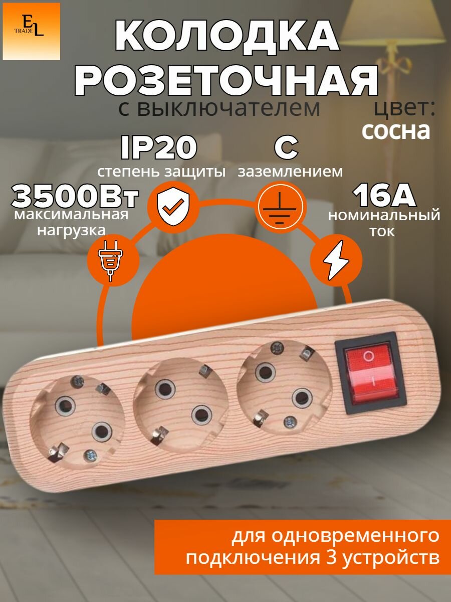 Колодка электрическая 3 гнезда розеточная (2П, с заземлением, с выключателем, 16А, 250В, сосна, Эко, IP20)