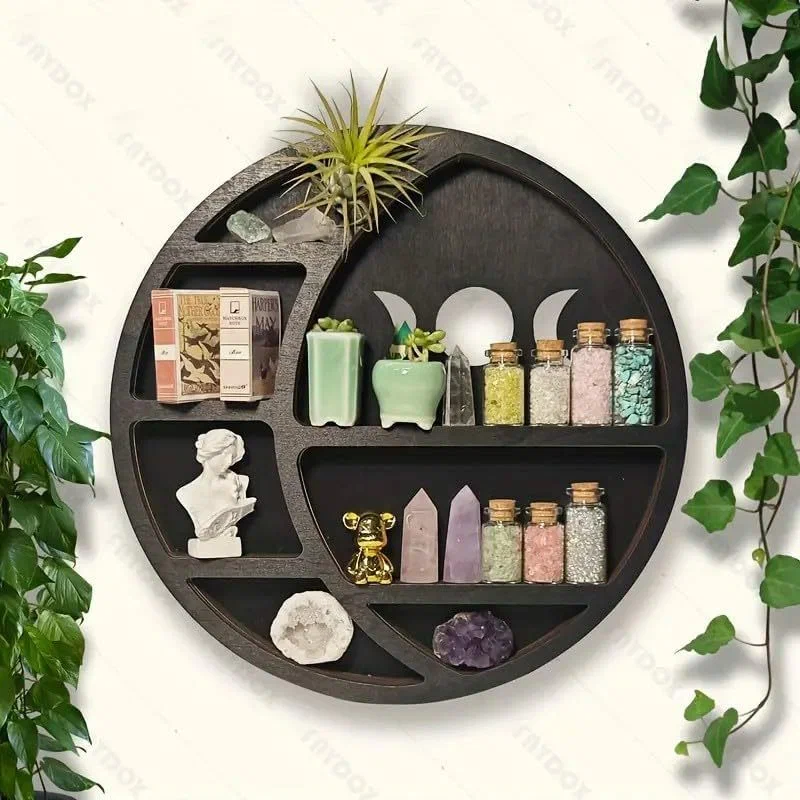 Полка настенная подвесная деревянняя в форме полной луны для выставки и хранения вещей, эстетика спальни, украшение стен