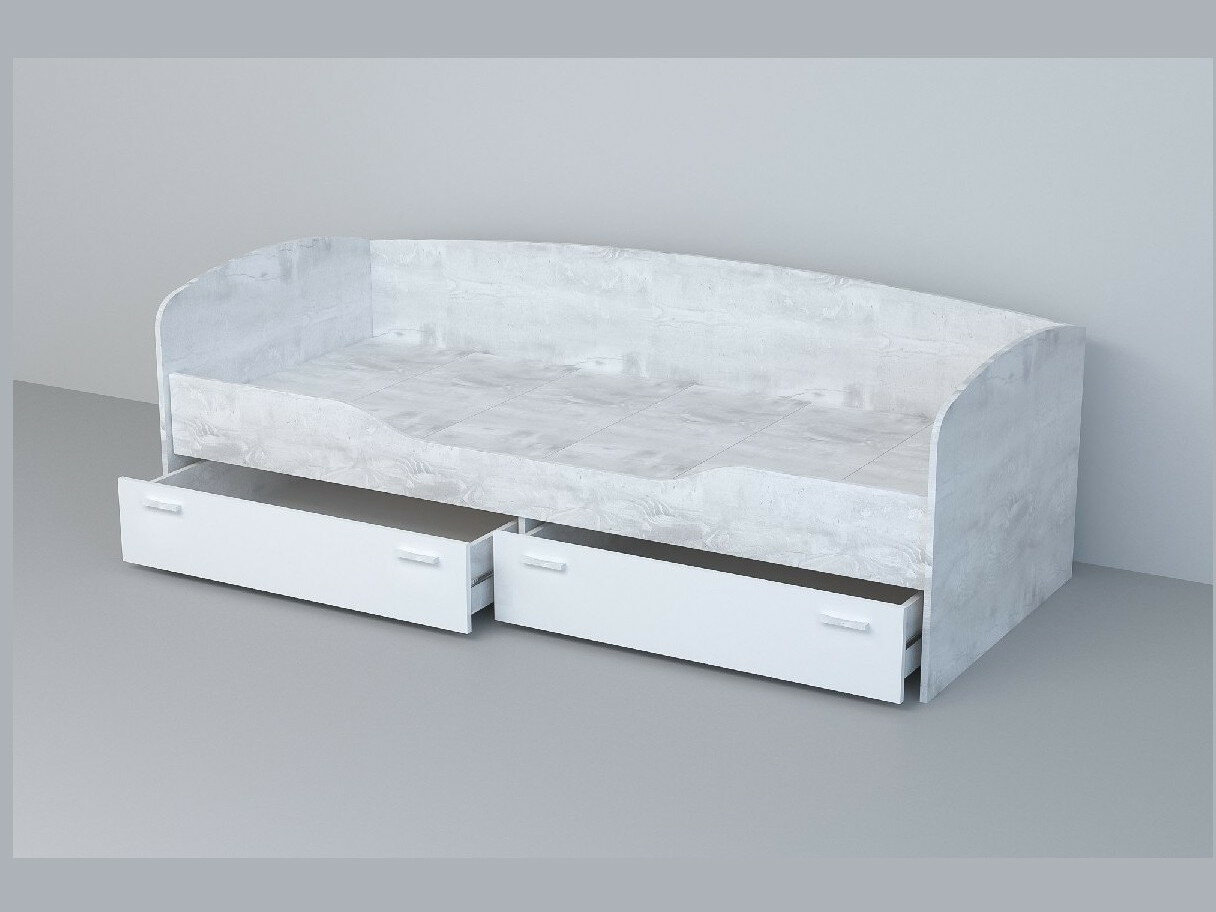 Кровать 800 с выдвижными ящиками, без матраса, бетон светлый/белый глянец