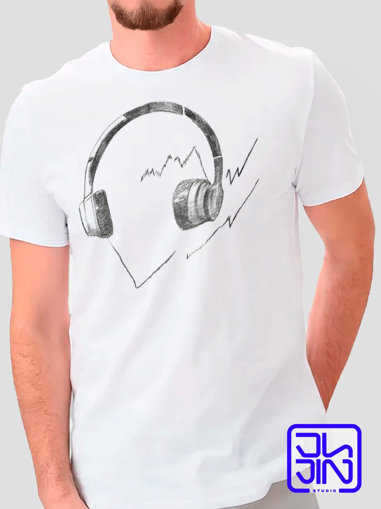 Футболка классическая мужская с авторским принтом Наушники минималистичные черно белые молодежные с графитовой звуковой волной, белый хлопковый трикотаж с прикольным рисунком на груди