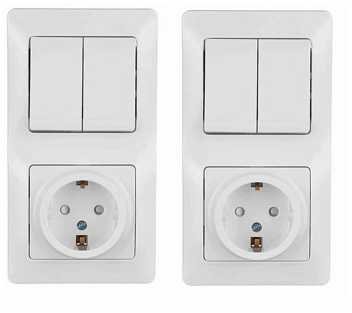 Блок выключателя с розеткой с рамкой Schneider Electric Glossa GSL000174 двухклавишный скрытая установка белый с заземлением со шторками (2 шт.)