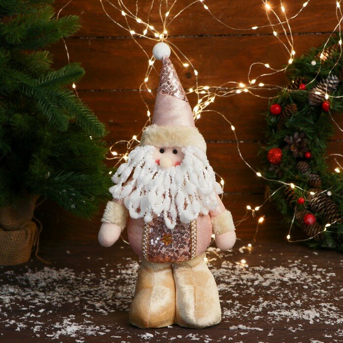 Игрушка мягкая Дед Мороз в костюме с цветочками стоит, 13×30 см, розовая