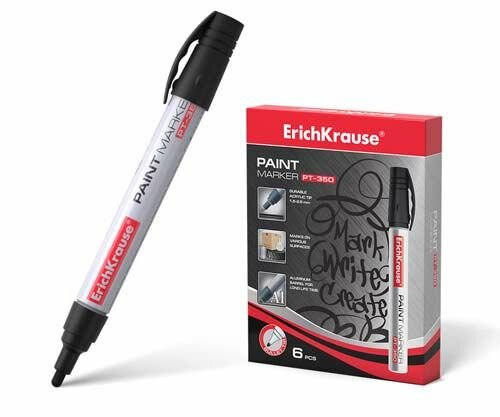 Маркер-краска ErichKrause PT-350 2.5мм черный, в к/кор 37292. Комплект из 6 маркеров