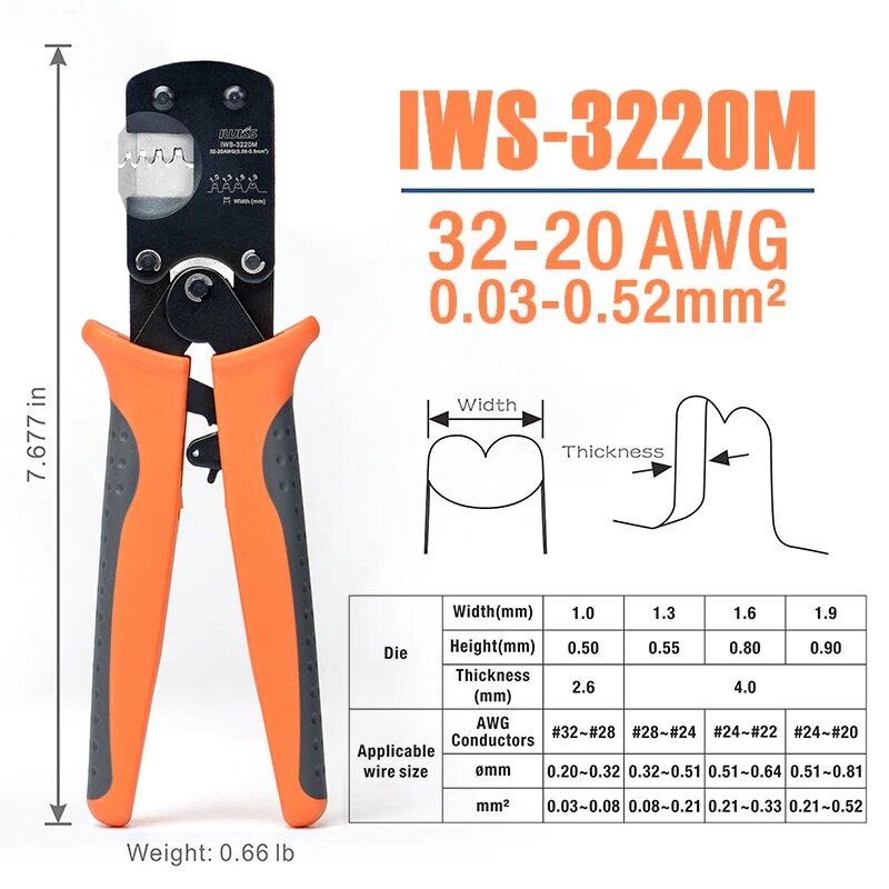 IWISS IWS-3220 Обжимные клещи с храповым механизмом Ручные щипцы для соединительных штифтов с узким шагом Диапазон обжима 0,03-0,5 мм2 (AWG: 32-20)
