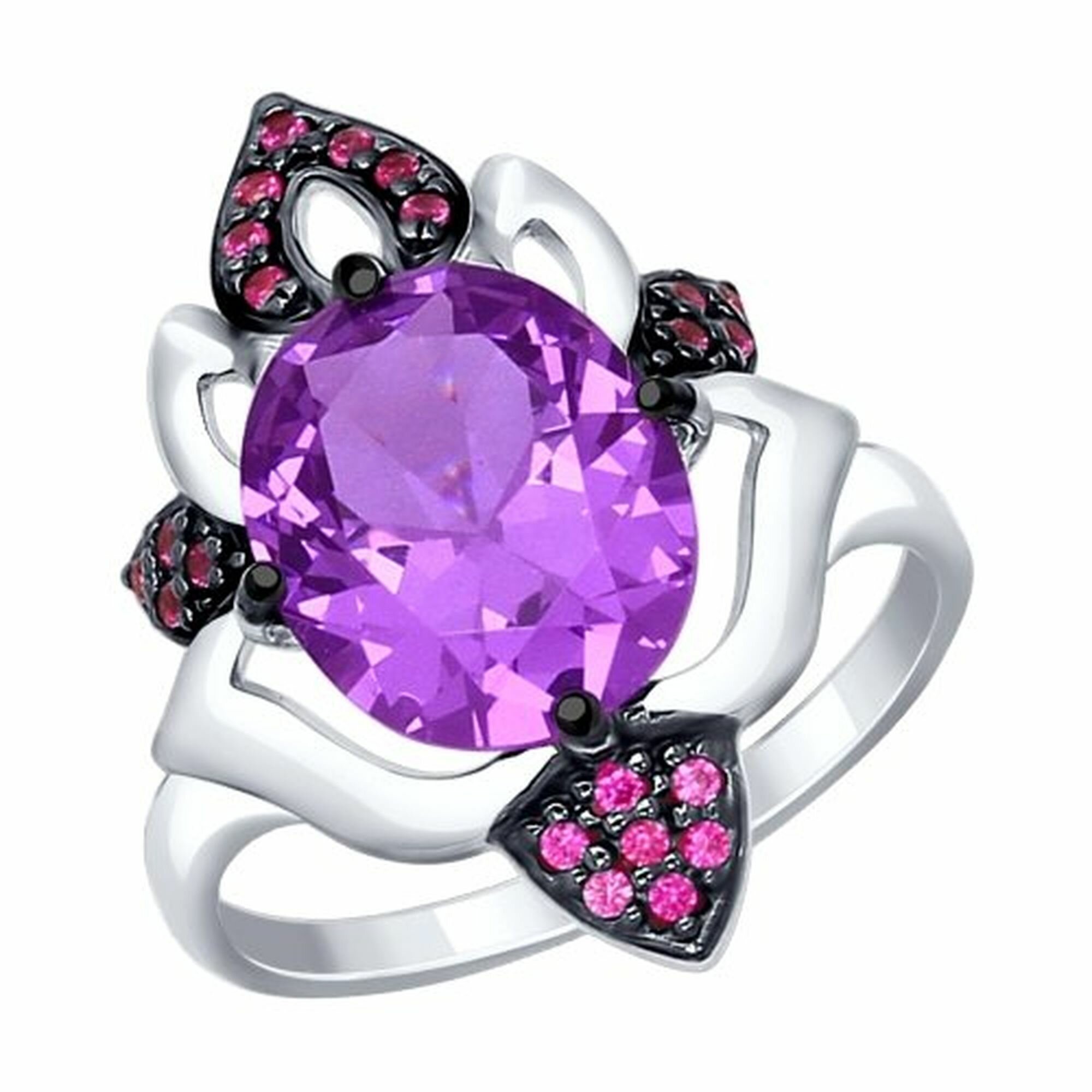 Кольцо, серебро, 925 проба, родирование, аметист, фианит