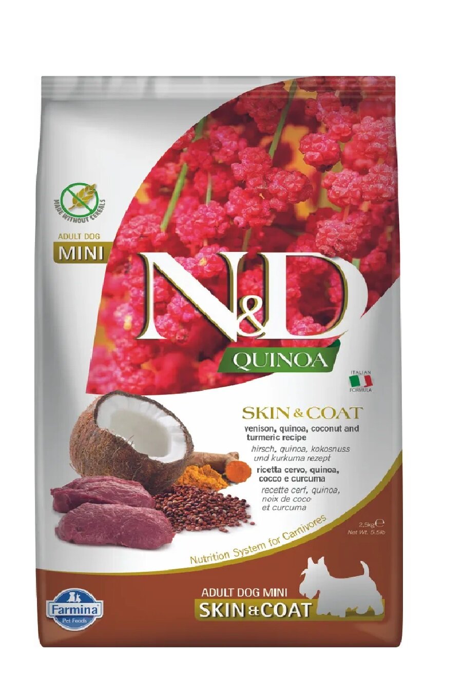 Farmina Корм сухой ND DOG GF Quinoa Skin&Coat Venison Mini для взрослых собак мелких пород с олениной уход за кожей и шерстью 2,5 кг