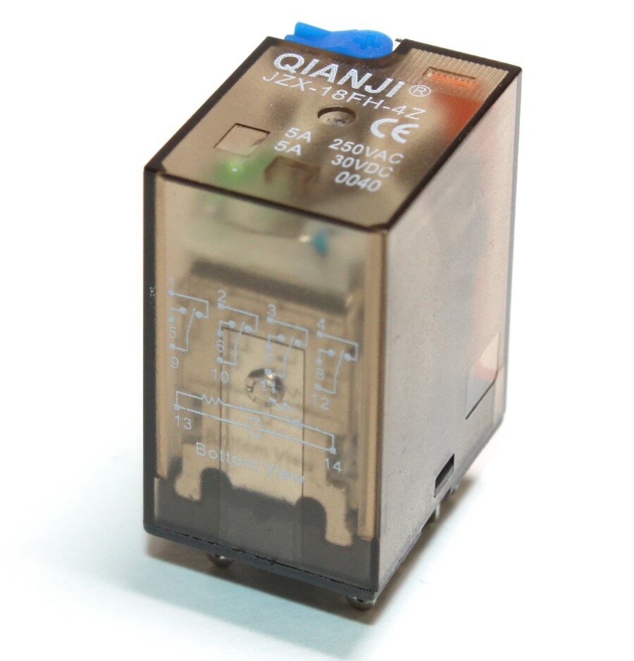 RELAY JZX-18FH-4Z-12VDC-L, Реле, Qianji, (управление 12vDC, 4перекл. гр, 5А на гр, светодиод, ручной тест, потребление 0