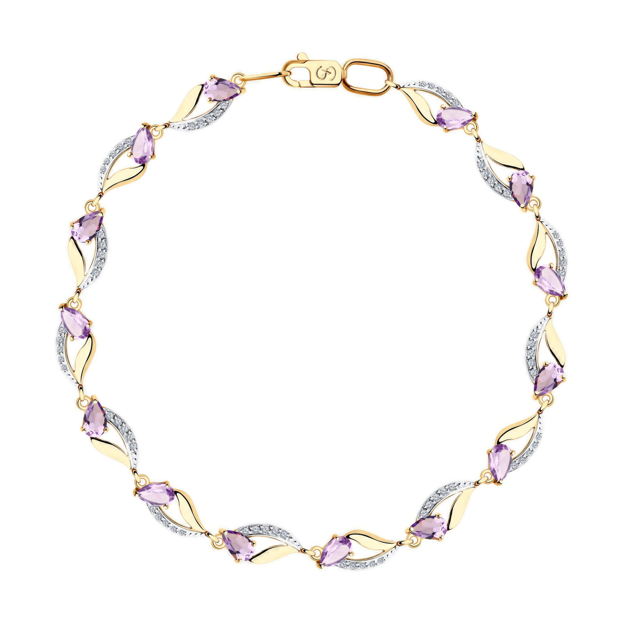 Браслет, красное золото, 585 проба, родирование, фианит, аметист