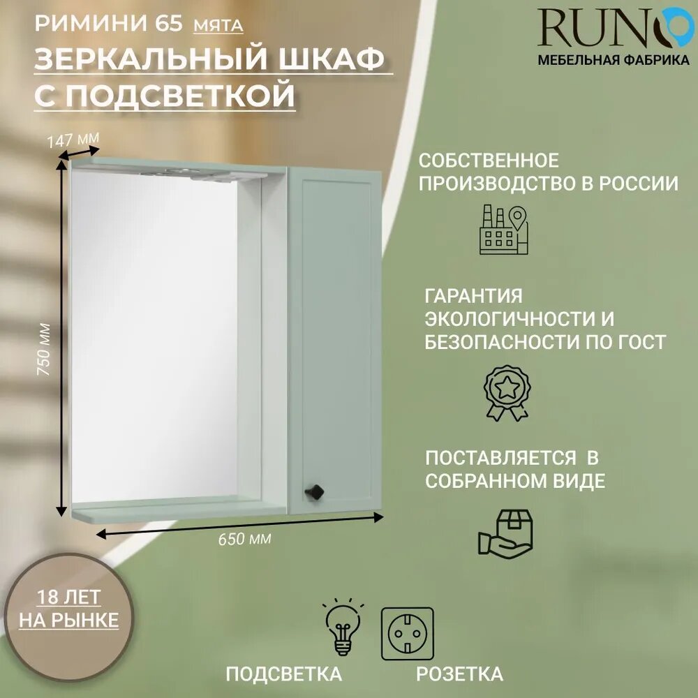 Шкаф в ванную с зеркалом Runo Римини 65, мятный, правый, с подсветкой, с розеткой