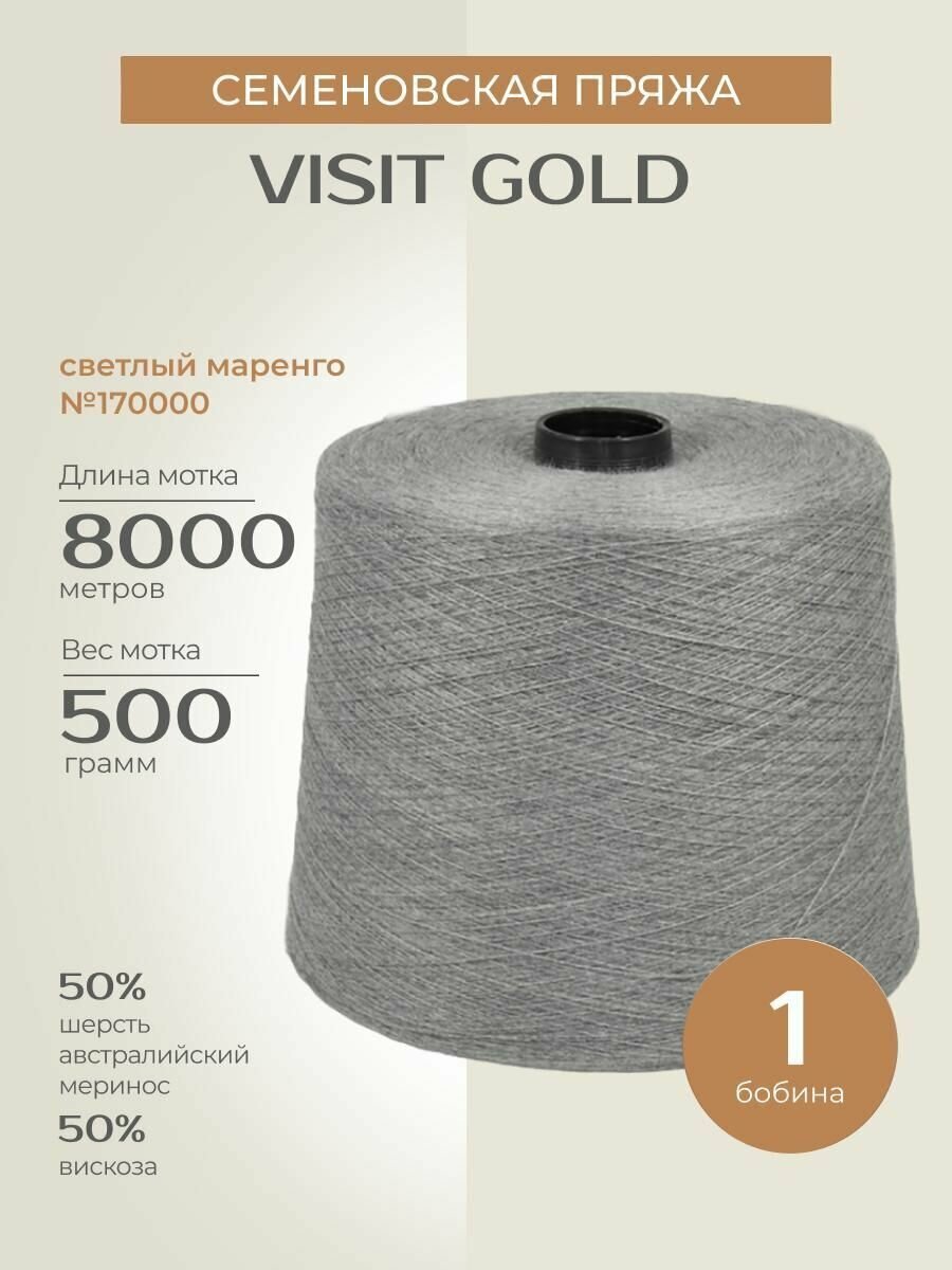 Бобинная пряжа для вязания спицами, крючком и машиной Семеновская "Visit gold" классическая тонкая, шерсть меринос вискоза, цвет: 170000 Светлый маренго, 1 шт по 500 г, 8000 м