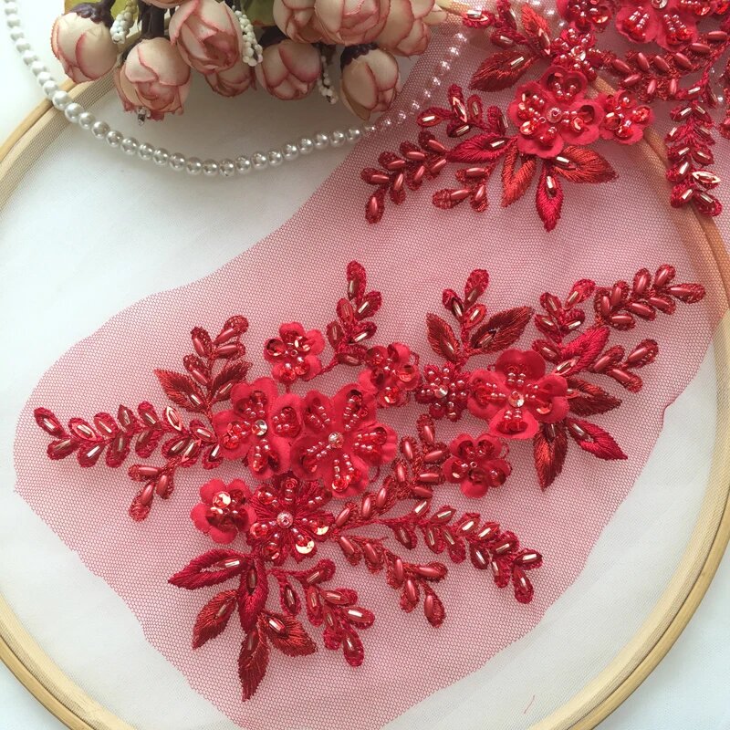 Аппликации из бисера HYZELY для свадебного платья 21.5*12 см Розовый, Red