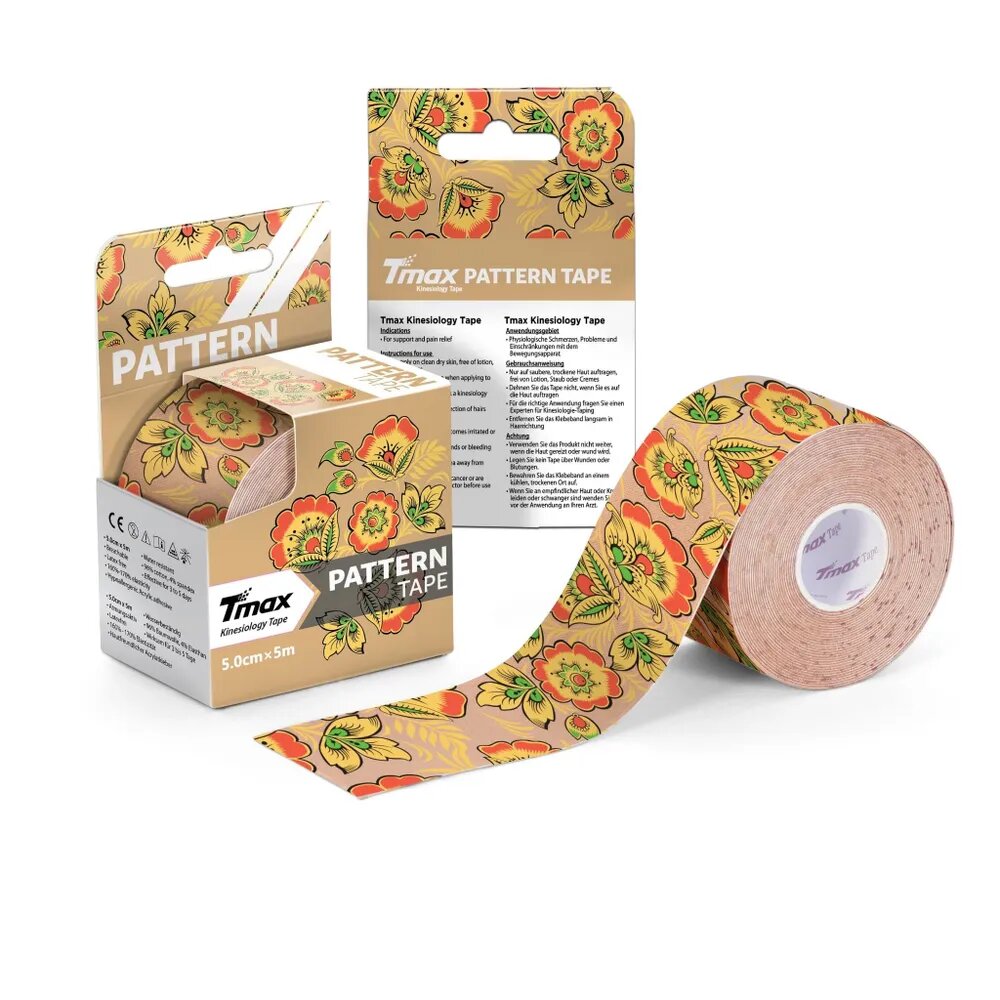 Кинезио тейп хлопок дизайнерский TMax Pattern Gzhel, Гжель красный, 5 см x 5 м