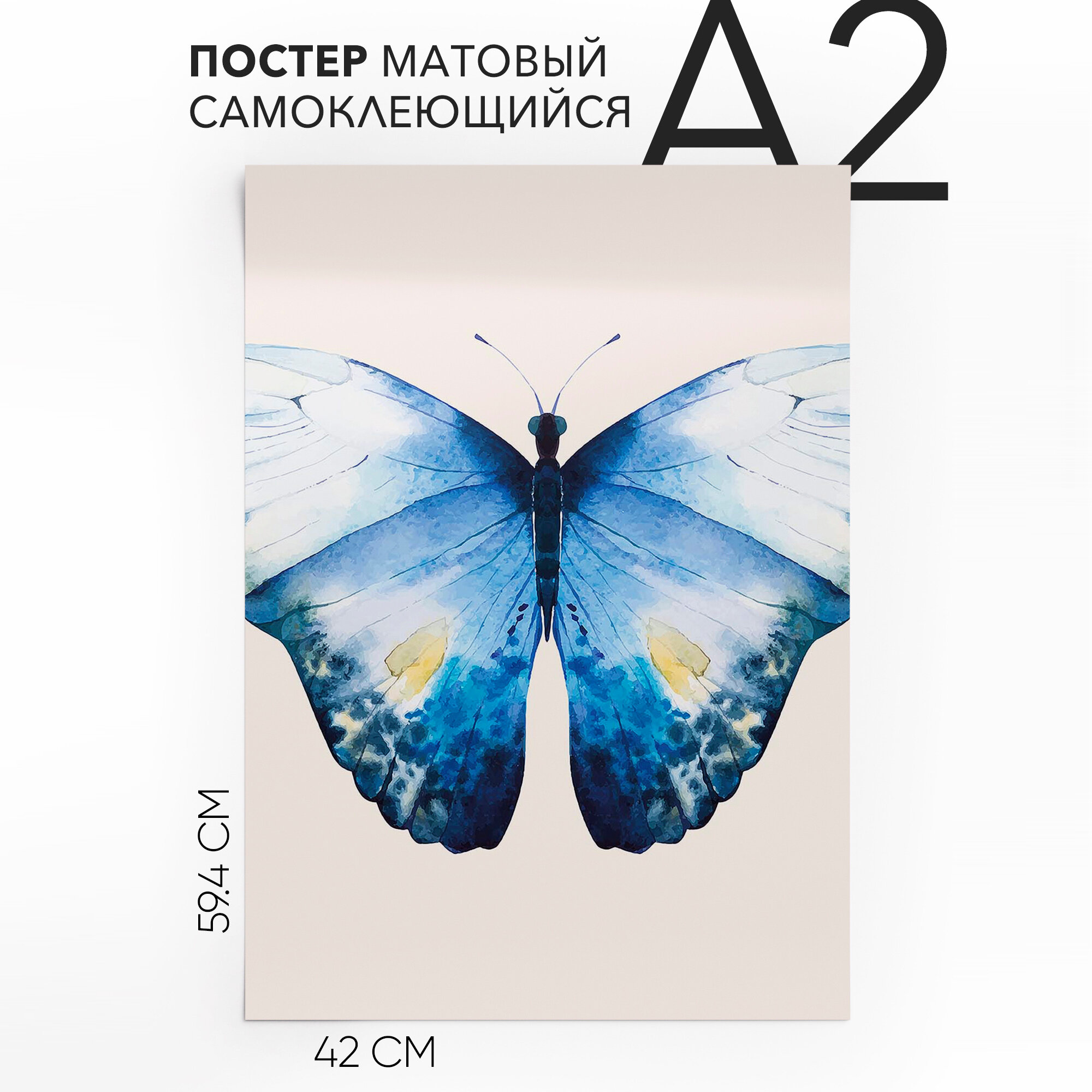 Постер на стену самоклеящийся, большой A2 Бабочка, влагостойкий, для декора