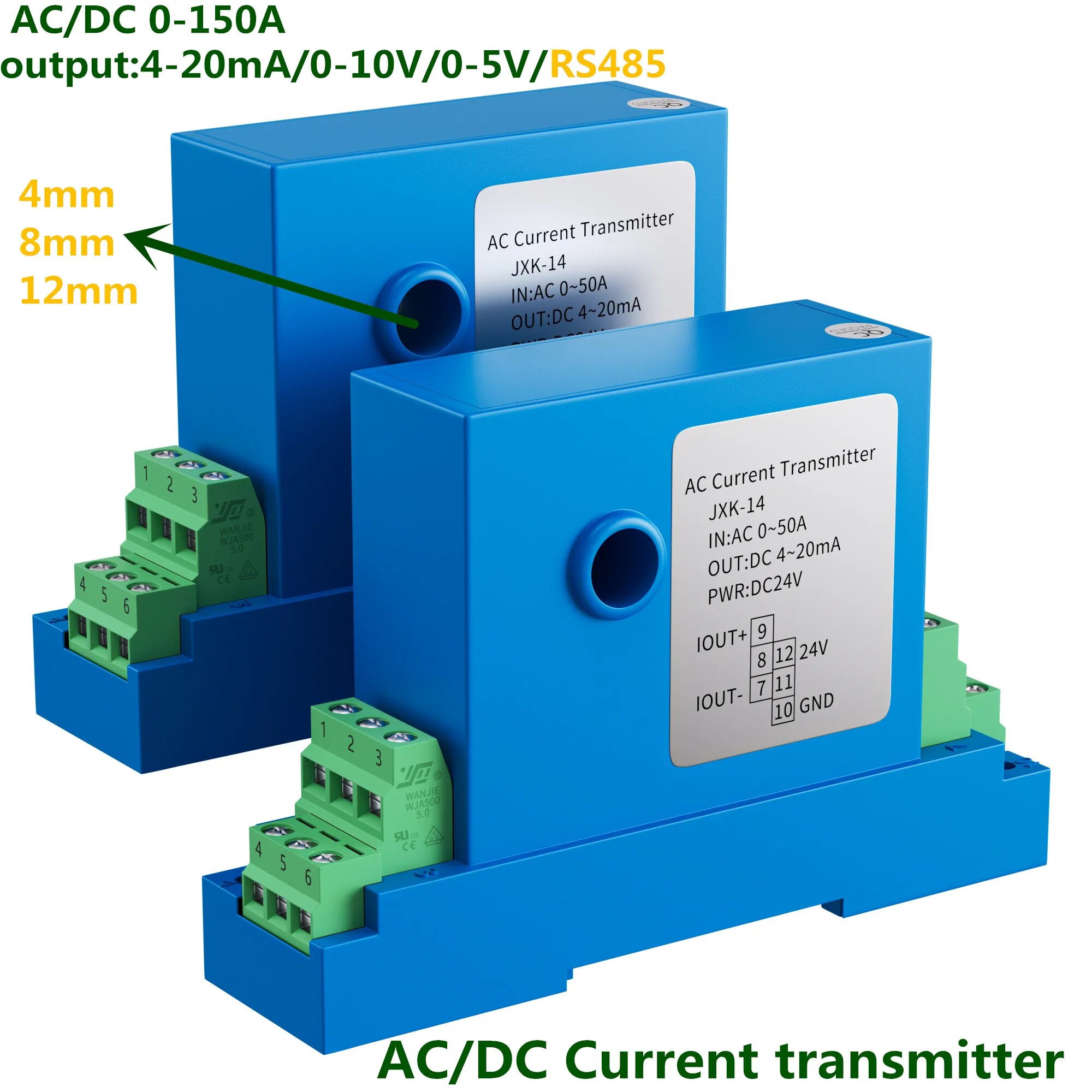 Датчик постоянного и переменного тока 5A 10A 20A 50A 100A 200A 4-20 мА AC 0-20A, 4-20mA output, 4mm