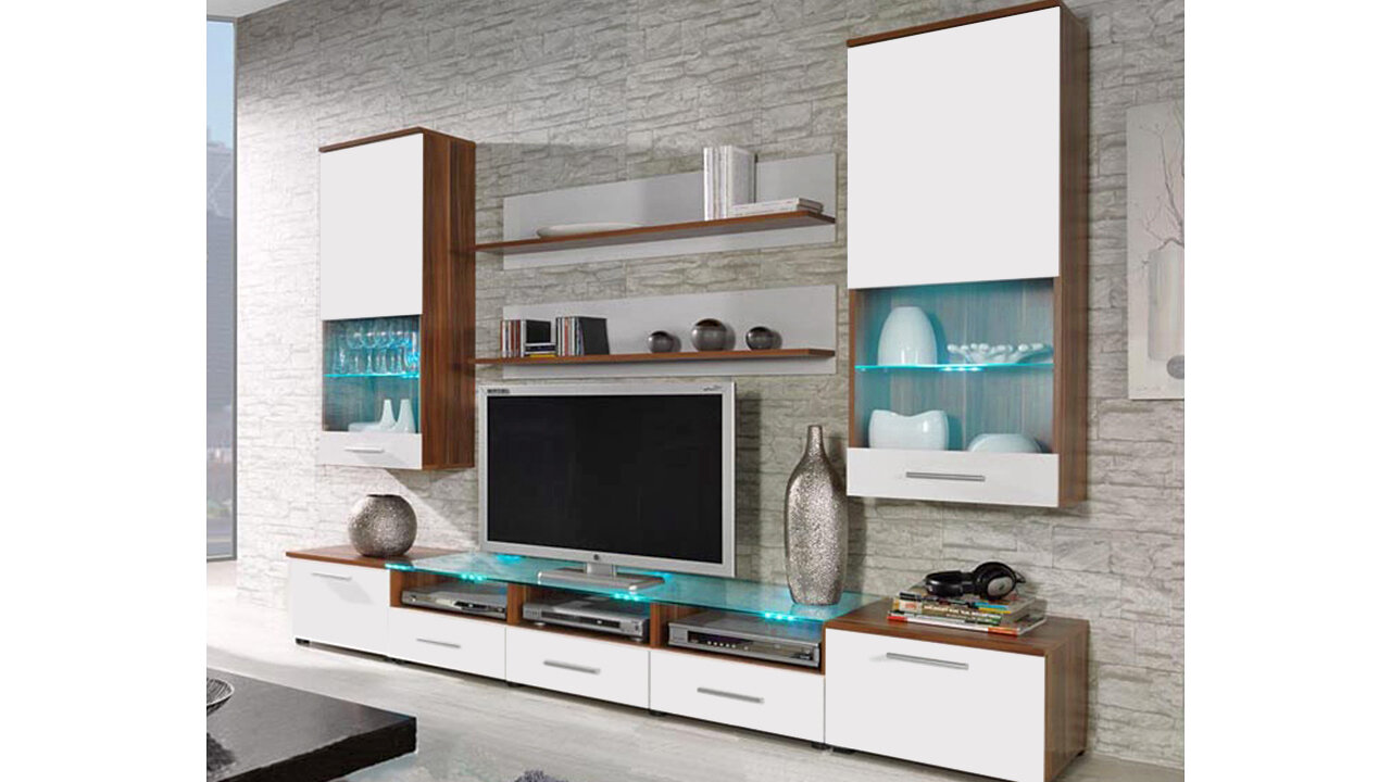 Гостиная Тома Белый Фасадный 0101 / Орех 0729 NEW 250x42x190 см, белый фасадный, орех Фиеста