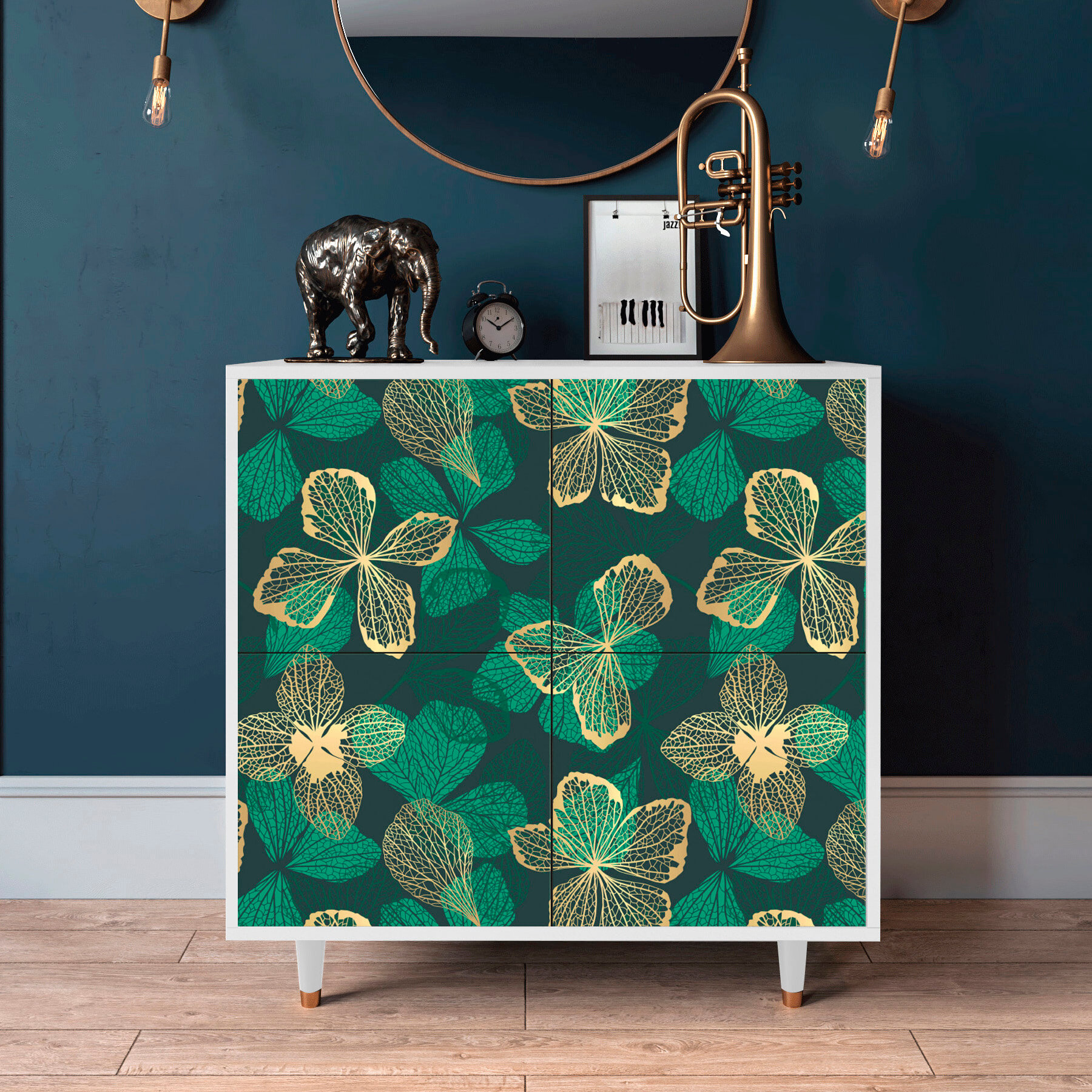 Комод - STORYZ - BS3 Green Flower, Размер - 94 x 96 x 48 см, Цвет корпуса - Белый