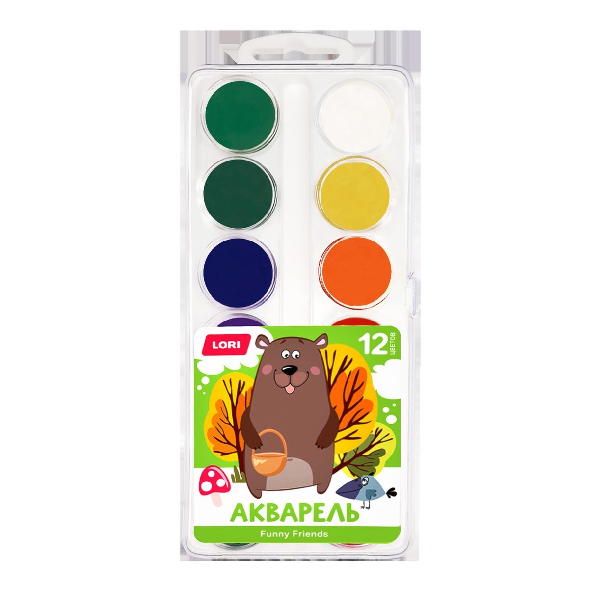 Акварель детская "Funny Friends" 12 цветов в пластиковом пенале, безопасные пигменты