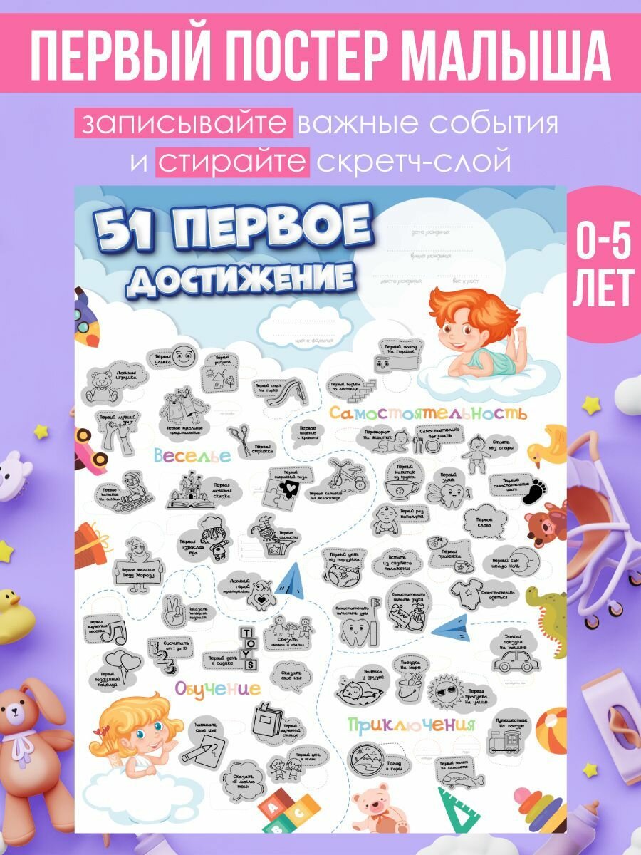 Скретч постер для новорожденных Мой первый год, 60*42 см, 51 поле