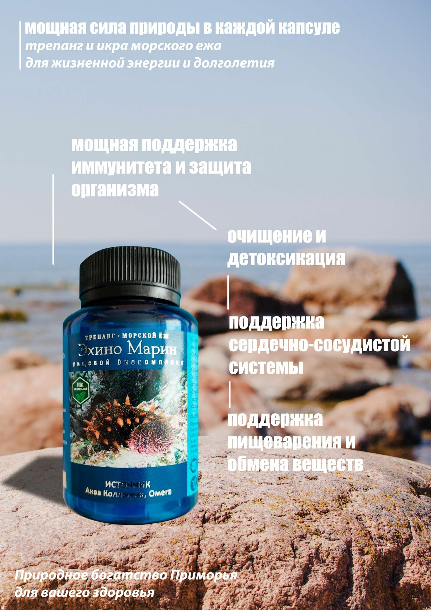 Эхино Марин: мощный биокомплекс для укрепления иммунитета и здоровья (Трепанг + Икра Морского Ежа), 30 капсул