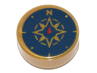 Tile, Round 1 x 1 with Dark Blue Compass Rose and Red Needle Pattern, 98138pb045 Pearl Gold U