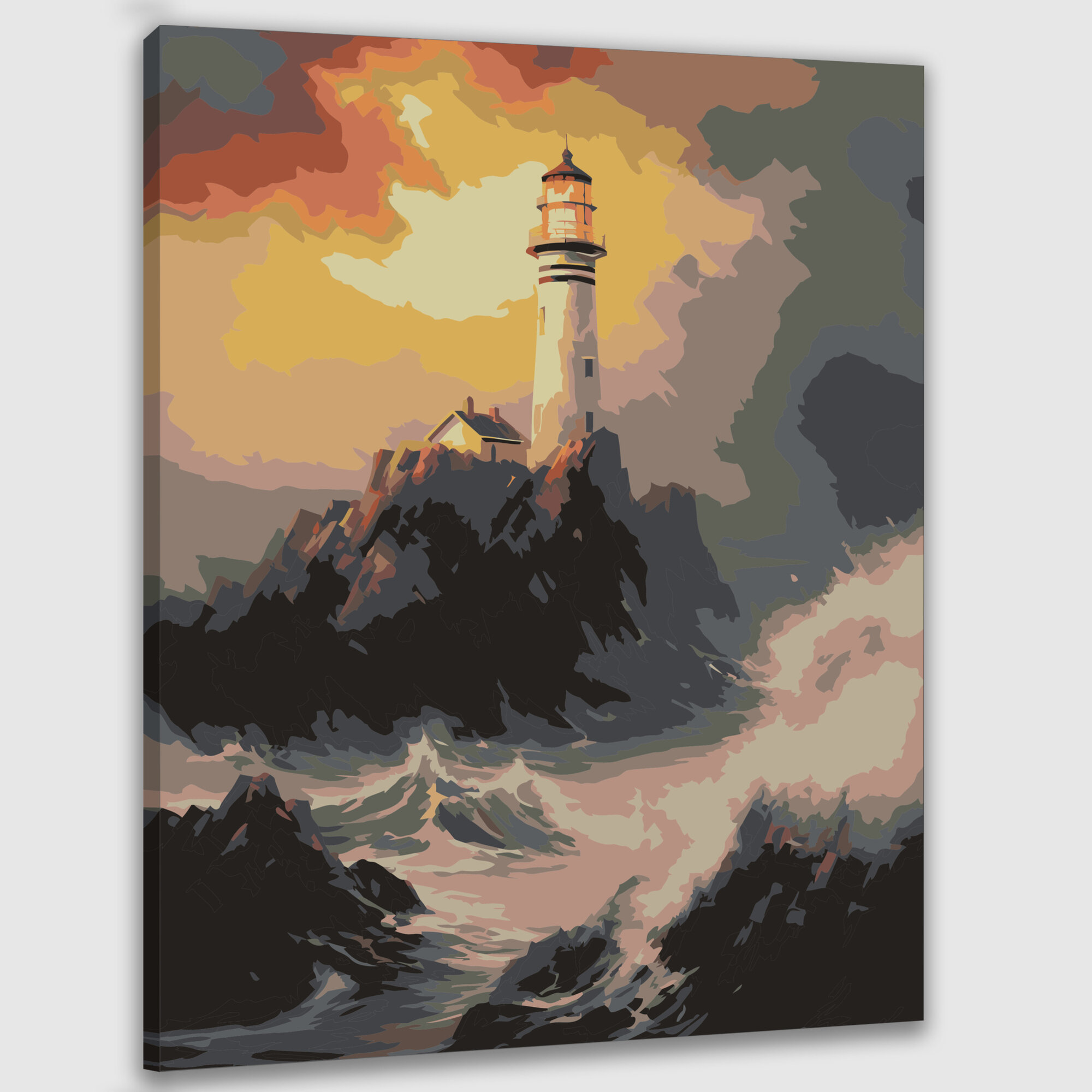 Картина по номерам 40x50 см, картина, масло, маяк, скалистый выступ, штормящее море, темная палитра, угрюмая палитра