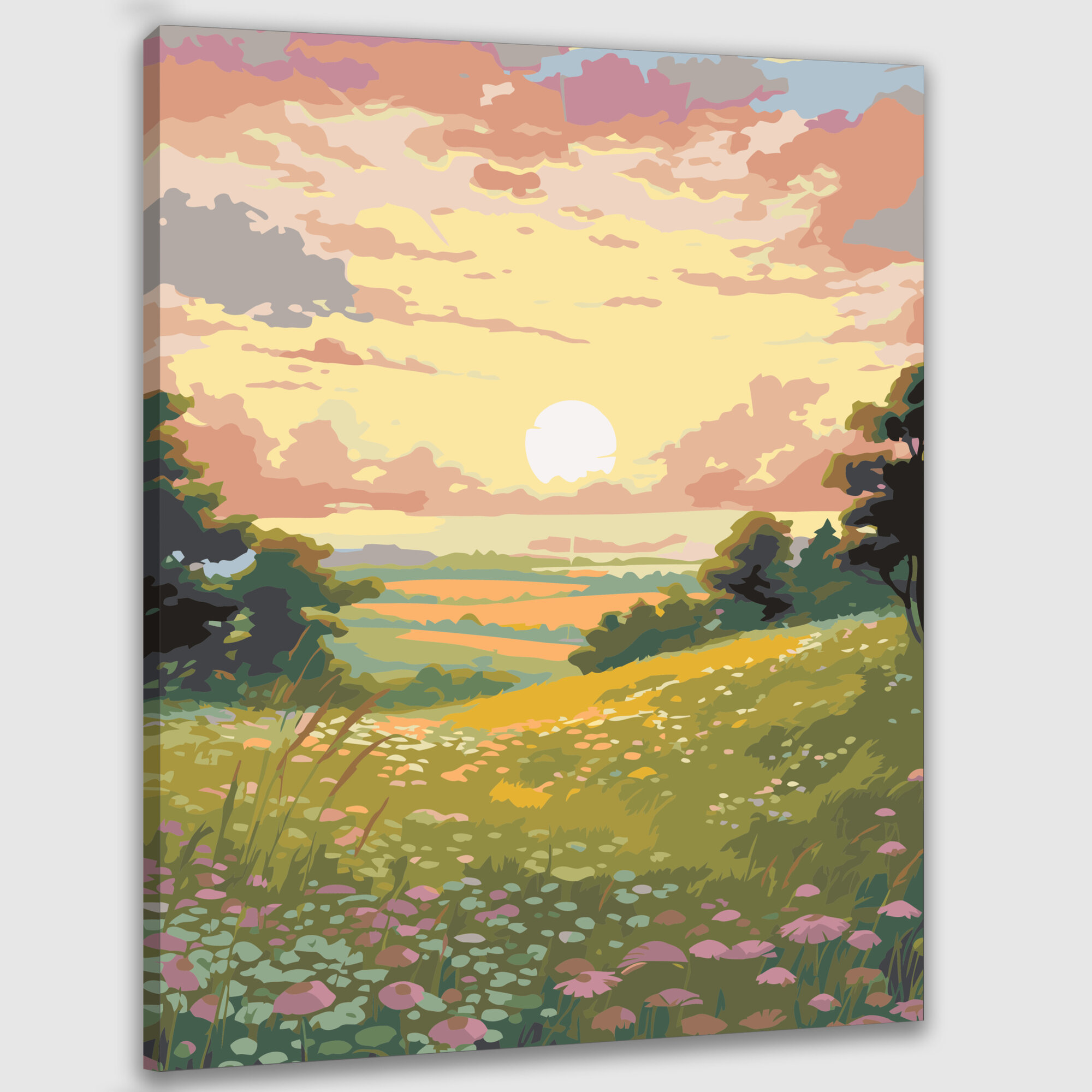 Картина по номерам 40x50 см, картина, иллюстрация, гуашь, луг, закат, пастельные тона, ветерок, полевые цветы