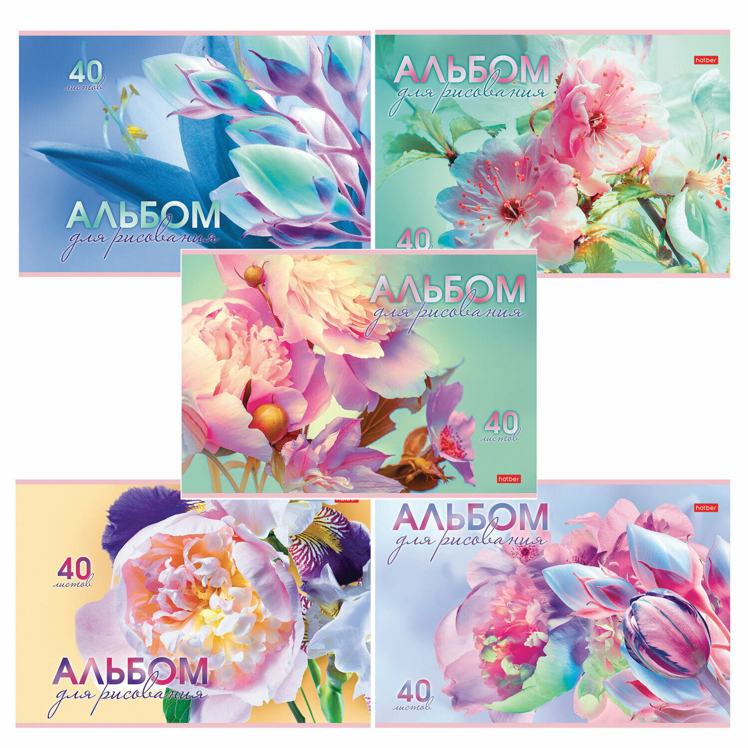 Альбом для рисования А4 40 л, скоба, обложка картон, HATBER, 205х290 мм, "Грация цветов", 085137, 40А4В (цена только за 1 шт.)