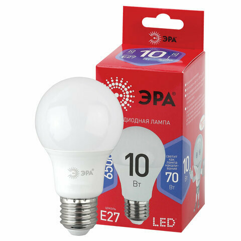 Лампа светодиодная ЭРА RED LINE, 10 (70) Вт, цоколь Е27, груша, холодный белый свет, 30000 ч, LED A60-10W-865E27R, Б0045324