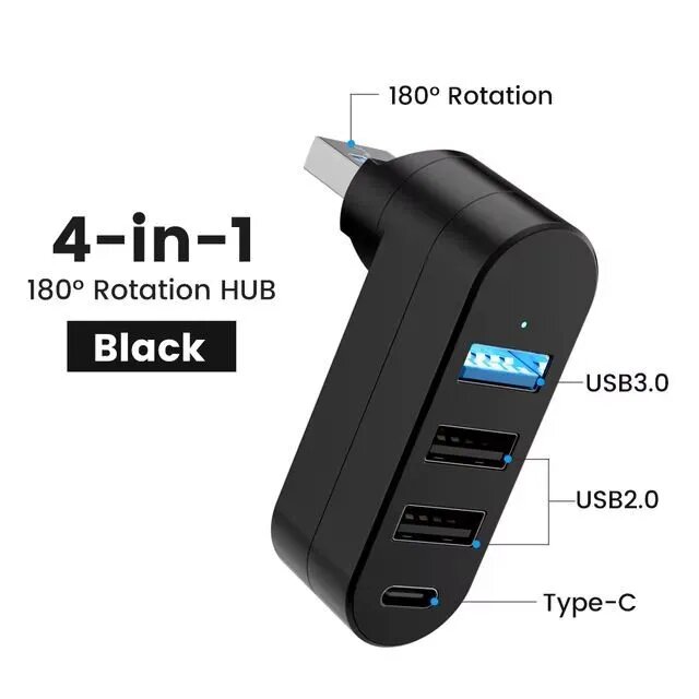 Хаб PALMEXX HUB082 USB3.0 to 1*USB3.0+2*USB2.0+USBC, поворотный, чёрный