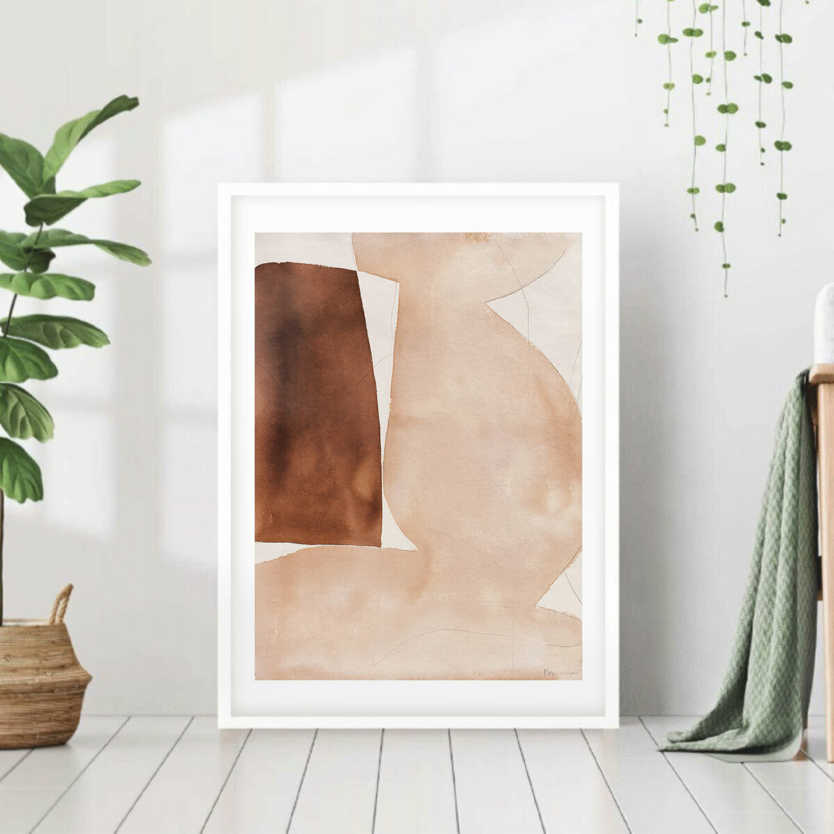Постер "Абстракция акварель бежевая" 40x50 в белой рамке для интерьера на стену