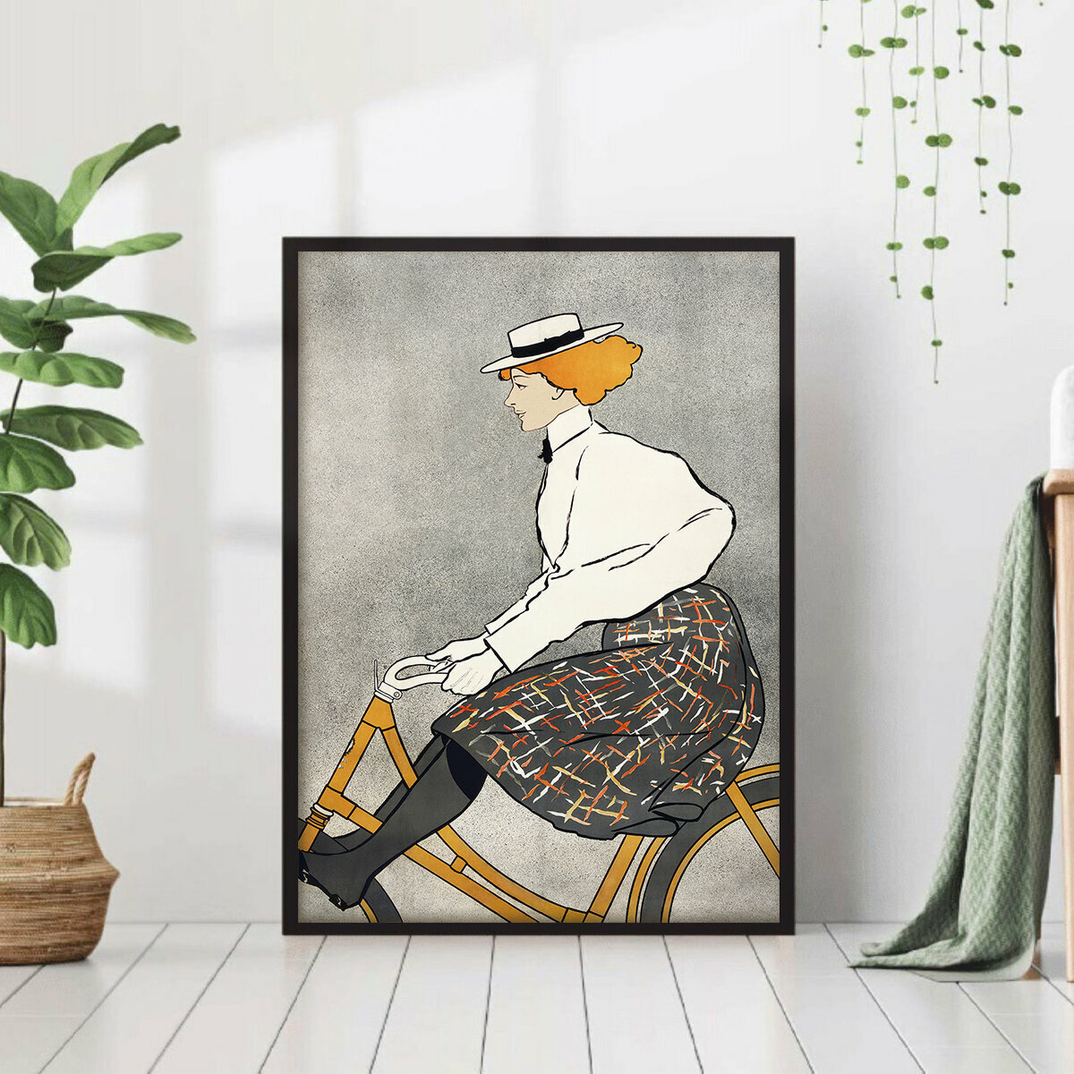 Постер "Женщина на велосипеде ретро иллюстрация" в черной рамке 50x70 см для интерьера на стену